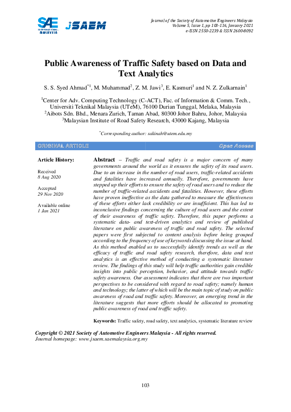 (PDF) Public Awareness of Traffic Safety based on Data and Text Analytics