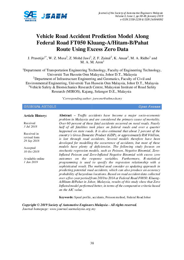 (PDF) Vehicle Road Accident Prediction Model along Federal Road FT050 Kluang-A/Hitam-B/Pahat ...