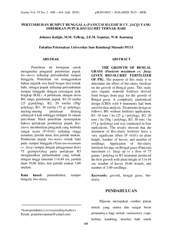 (PDF) Pertumbuhan Rumput Benggala (Panicum Maximum CV. Jacq) Yang ...