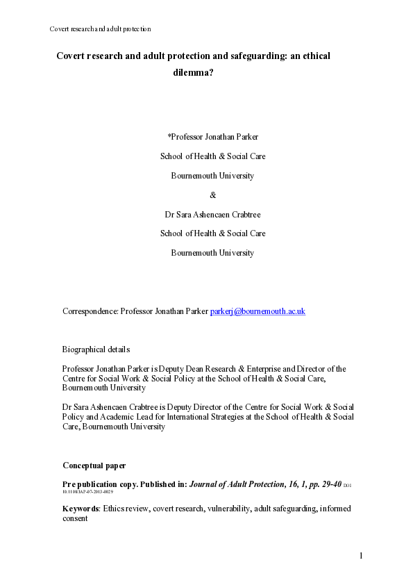 (PDF) Covert research and adult protection and safeguarding: an ethical ...