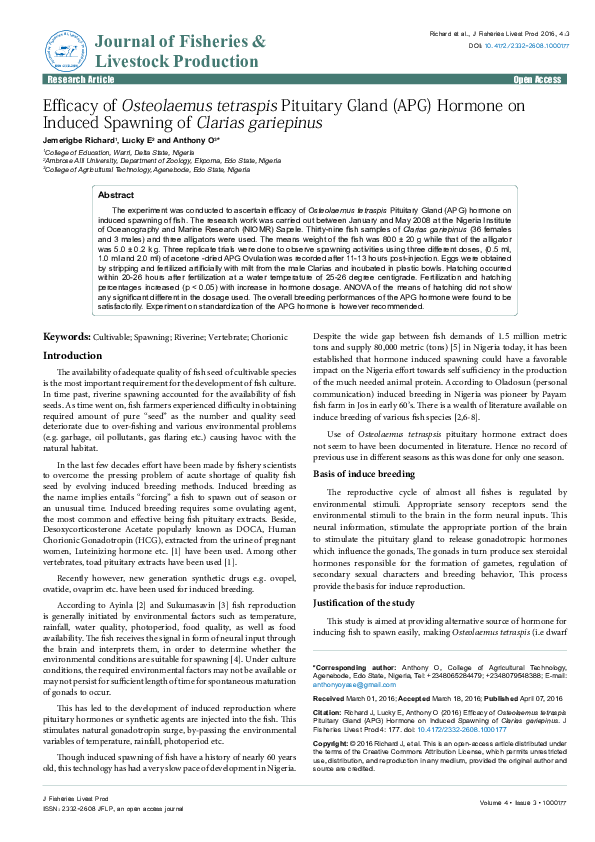 (PDF) Efficacy of Osteolaemus tetraspis Pituitary Gland (APG) Hormone ...