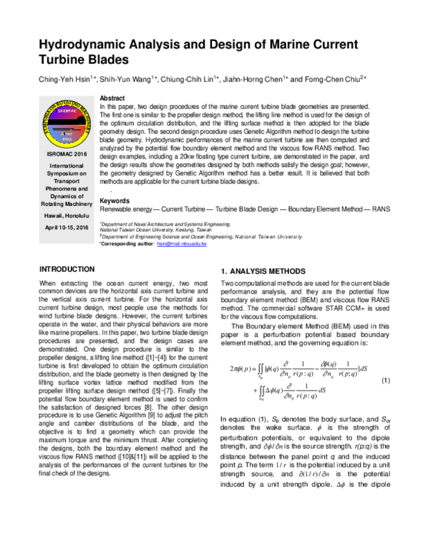 Pdf Hydrodynamic Analysis And Design Of Marine Current Turbine Blades