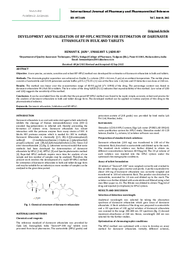(PDF) DEVELOPMENT AND VALIDATION OF RP-HPLC METHOD FOR ESTIMATION OF DARUNAVIR ETHANOLATE IN ...