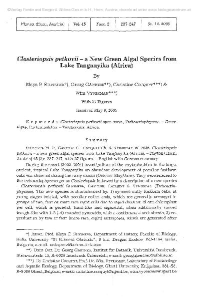 (PDF) Closteriopsis petkovii - a new green algal species from Lake ...