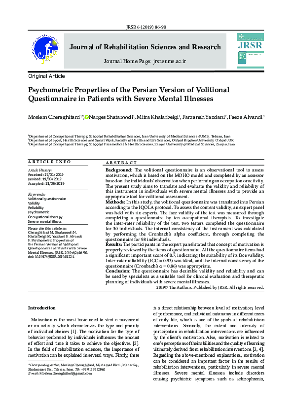 (PDF) Psychometric properties of the Persian version of Volitional ...