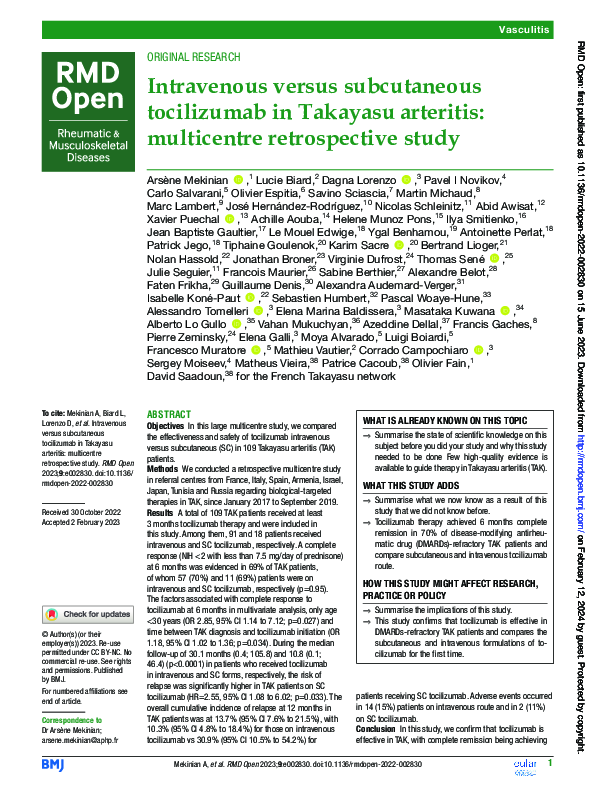 (PDF) Intravenous versus subcutaneous tocilizumab in Takayasu arteritis: multicentre ...