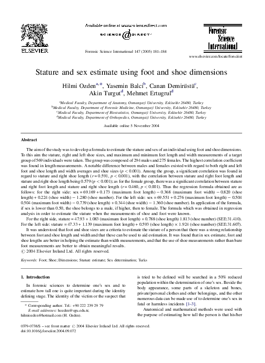 (PDF) Stature and sex estimate using foot and shoe dimensions