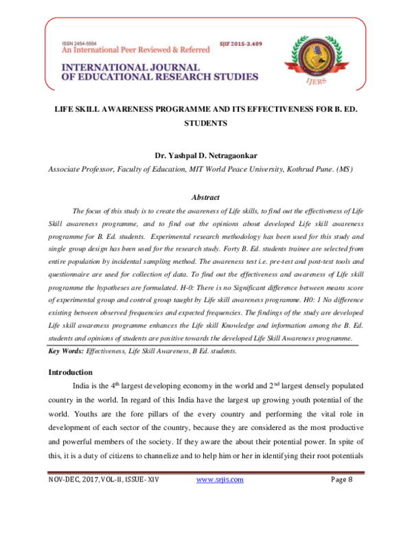 (PDF) LIFE SKILL AWARENESS PROGRAMME AND ITS EFFECTIVENESS FOR B. ED ...