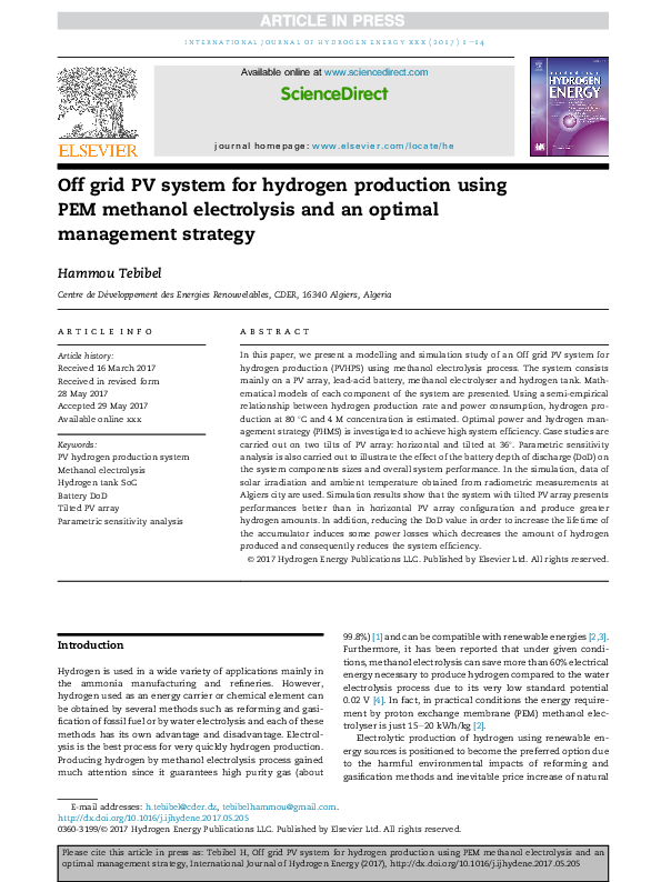(PDF) Off grid PV system for hydrogen production using PEM methanol electrolysis and an optimal ...