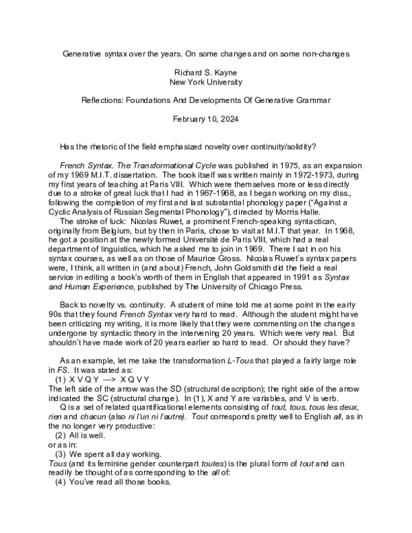 (PDF) Generative syntax over the years. On some changes and on some non-changes [talk handout]