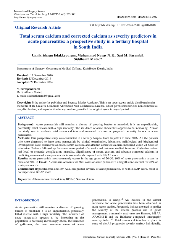 (PDF) Total serum calcium and corrected calcium as severity predictors ...