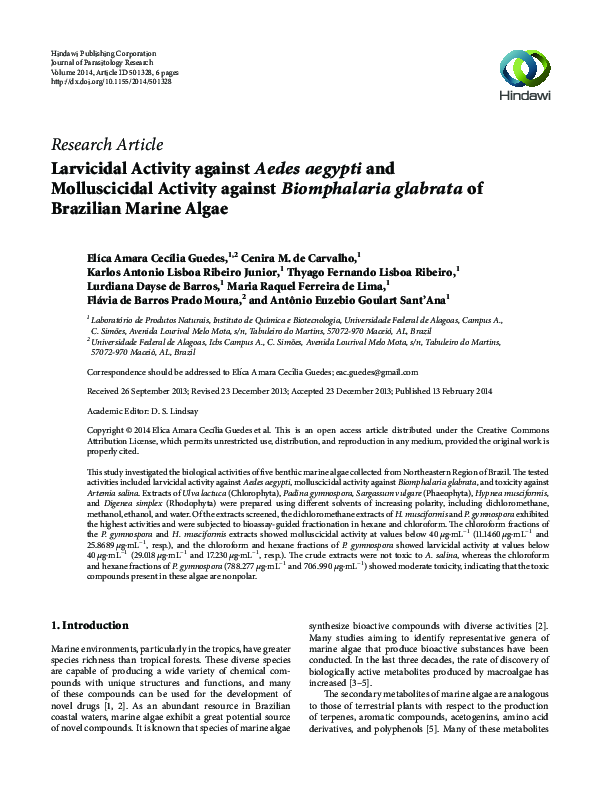 (PDF) Larvicidal Activity againstAedes aegyptiand Molluscicidal ...