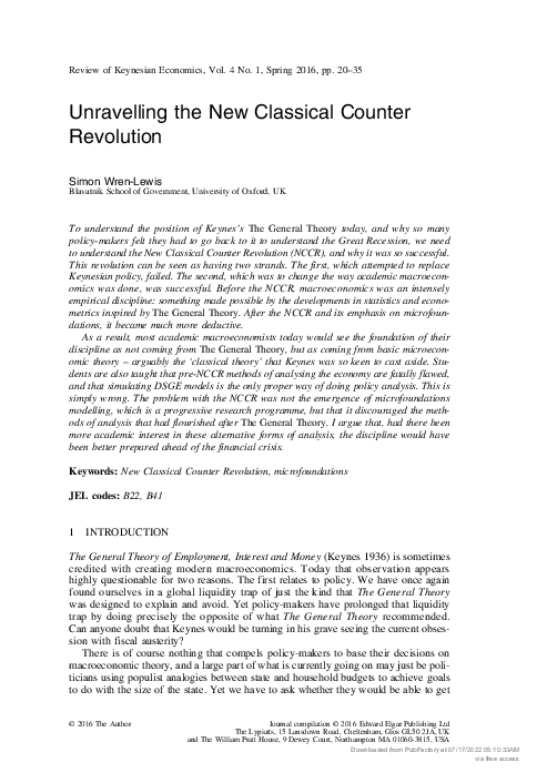 (PDF) Unravelling the New Classical Counter Revolution