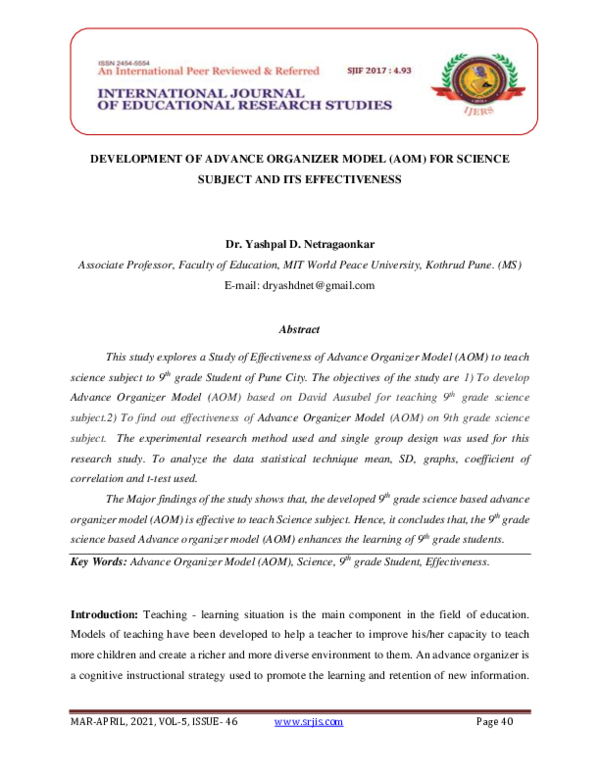 (PDF) DEVELOPMENT OF ADVANCE ORGANIZER MODEL (AOM) FOR SCIENCE SUBJECT ...