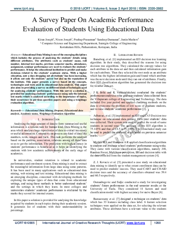 (PDF) A Survey Paper On Academic Performance Evaluation of Students ...