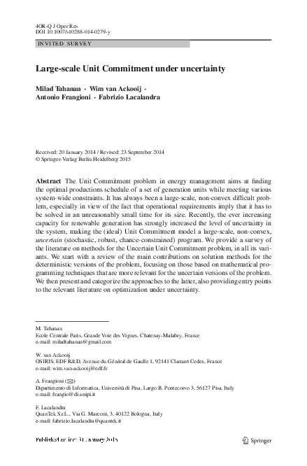 (PDF) Large-scale Unit Commitment under uncertainty: a literature survey