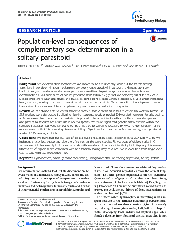 Pdf Population Level Consequences Of Complementary Sex Determination In A Solitary Parasitoid