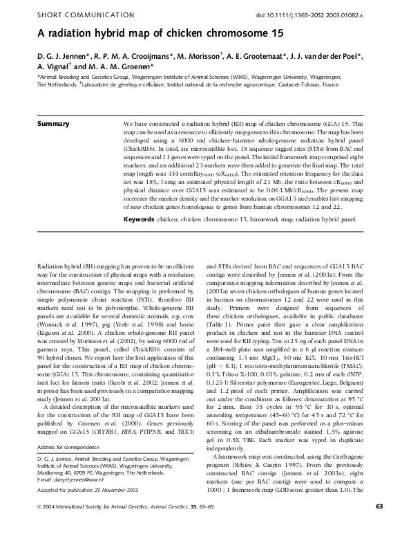 (PDF) A radiation hybrid map of chicken chromosome 15 | Martien Groenen ...