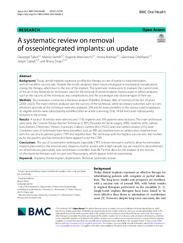 (PDF) A systematic review on removal of osseointegrated implants: un update