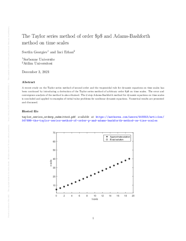 (PDF) The Taylor series method of order $p$ and Adams-Bashforth method on time scales