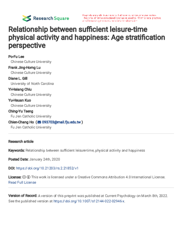 (PDF) The relationship between sufficient leisure time physical activity and happiness: An age ...