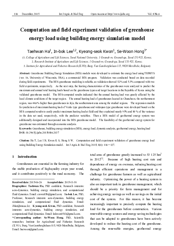 Pdf Computation And Field Experiment Validation Of Greenhouse Energy Load Using Building