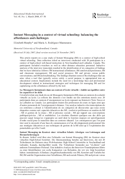 (PDF) Instant Messaging in a context of virtual schooling: balancing ...