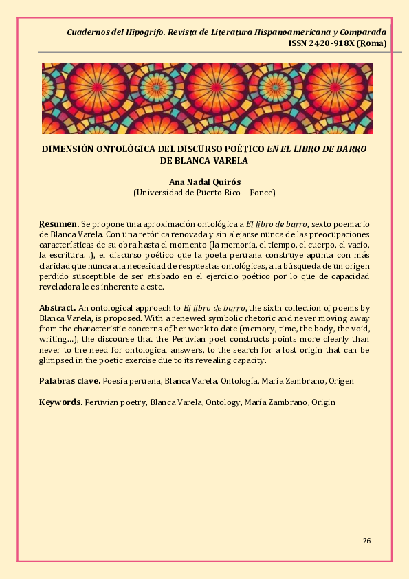 (PDF) DIMENSIÓN ONTOLÓGICA DEL DISCURSO POÉTICO EN EL LIBRO DE BARRO DE ...