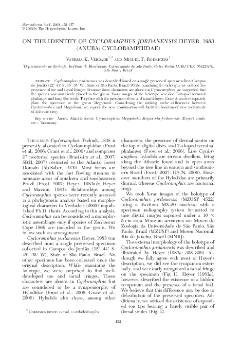 (PDF) On the Identity of Cycloramphus jordanensis Heyer, 1983 (Anura ...