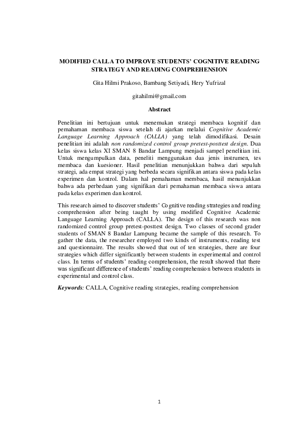 (PDF) Modified Calla to Improve Students’ Cognitive Reading Strategy and Reading Comprehension