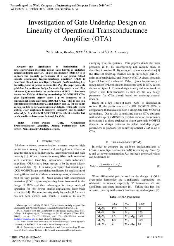 (PDF) Investigation of Gate Underlap Design on Linearity of Operational Transconductance ...