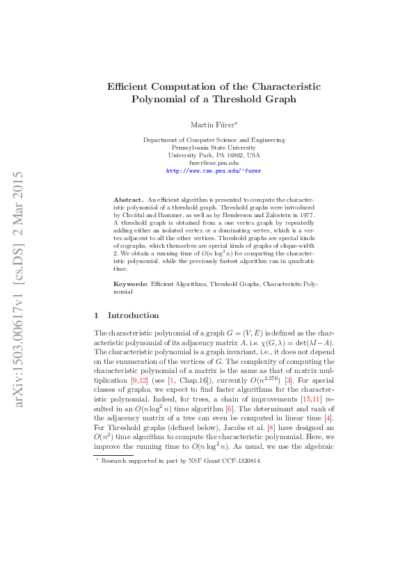 (PDF) Efficient computation of the characteristic polynomial of a threshold graph