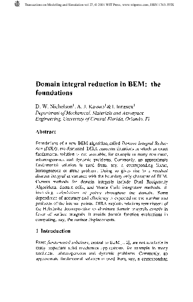 (PDF) Domain Integral Reduction In BEM: The Foundations | Alain Kassab - Academia.edu