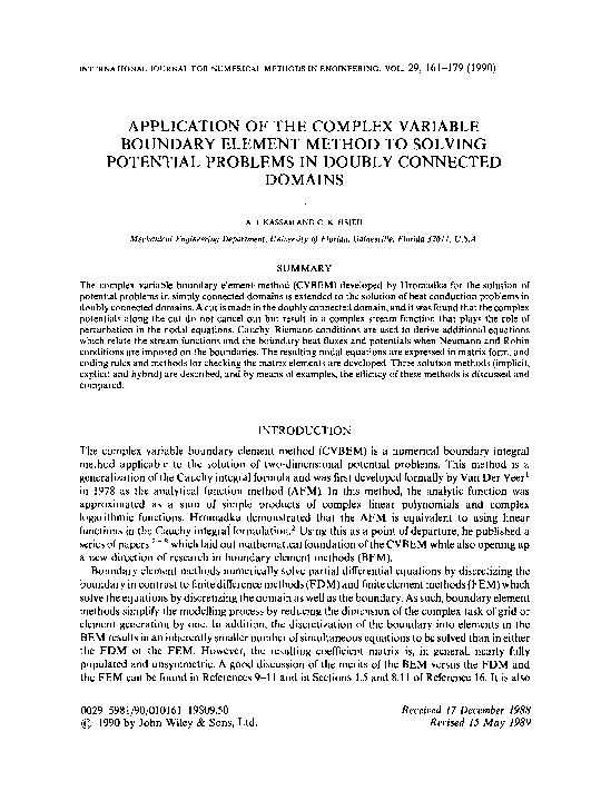 (PDF) Application of the Complex Variable Boundary Element Method to the Solution of Heat ...