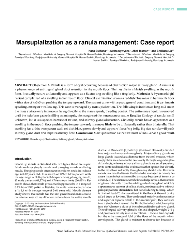 (PDF) Marsupialization as a ranula management: case report