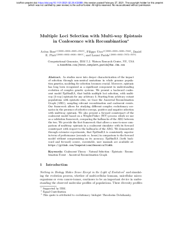 (PDF) Multiple Loci Selection with Multi-way Epistasis in Coalescence with Recombination