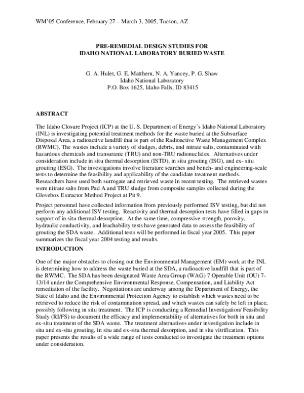 (PDF) Pre-Remedial Design Studies for Idaho National Laboratory Buried ...