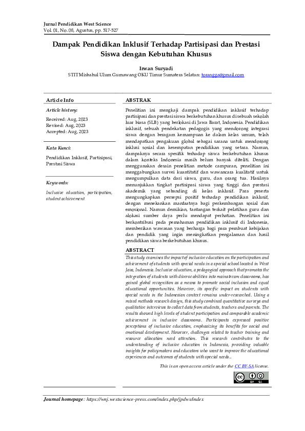 (PDF) Dampak Pendidikan Inklusif Terhadap Partisipasi dan Prestasi Siswa dengan Kebutuhan Khusus