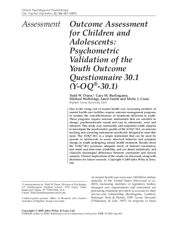 (PDF) Outcome assessment for children and adolescents: psychometric ...