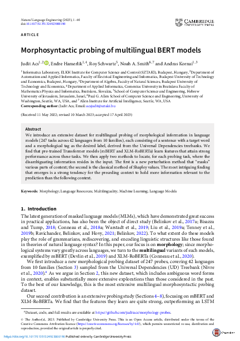 (PDF) Morphosyntactic probing of multilingual BERT models