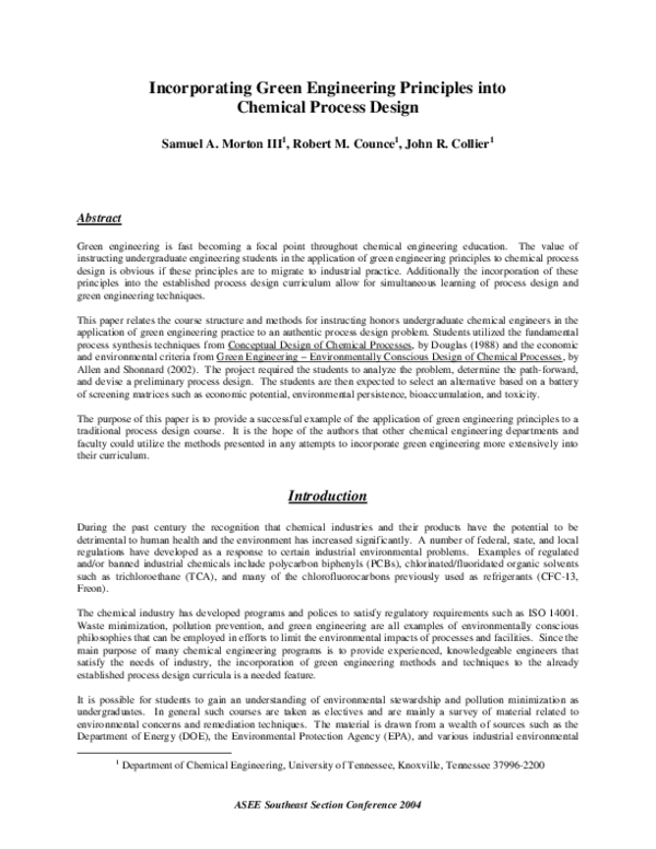 (PDF) Incorporating Green Engineering Principles into Chemical Process ...