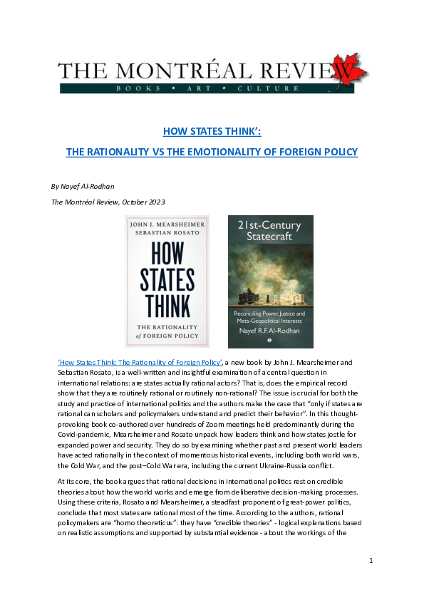 (PDF) HOW STATES THINK': THE RATIONALITY VS THE EMOTIONALITY OF FOREIGN ...
