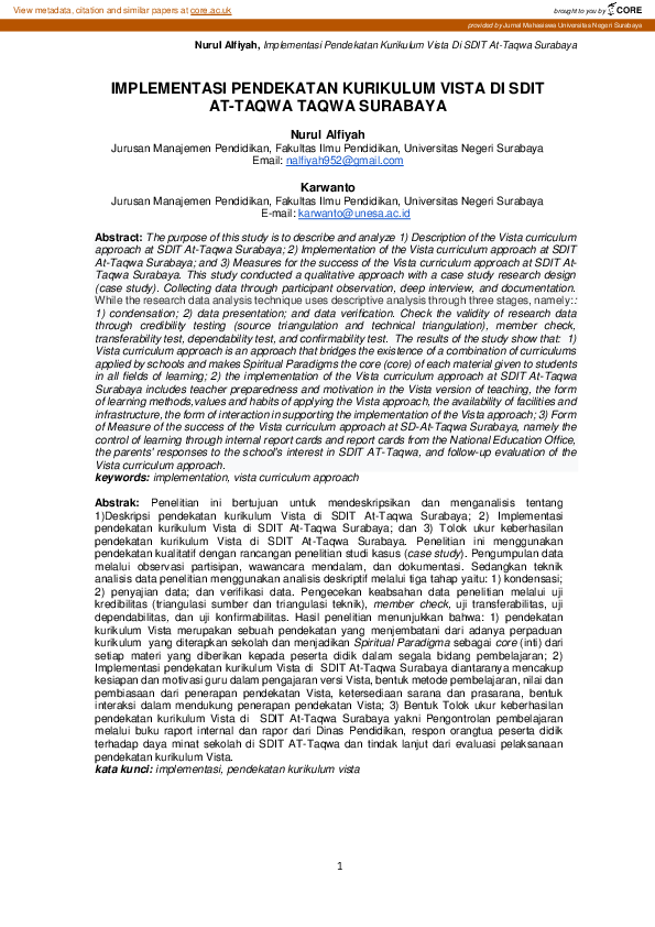 (PDF) Implementasi Pendekatan Kurikulum Vista DI Sdit At-Taqwa Taqwa Surabaya