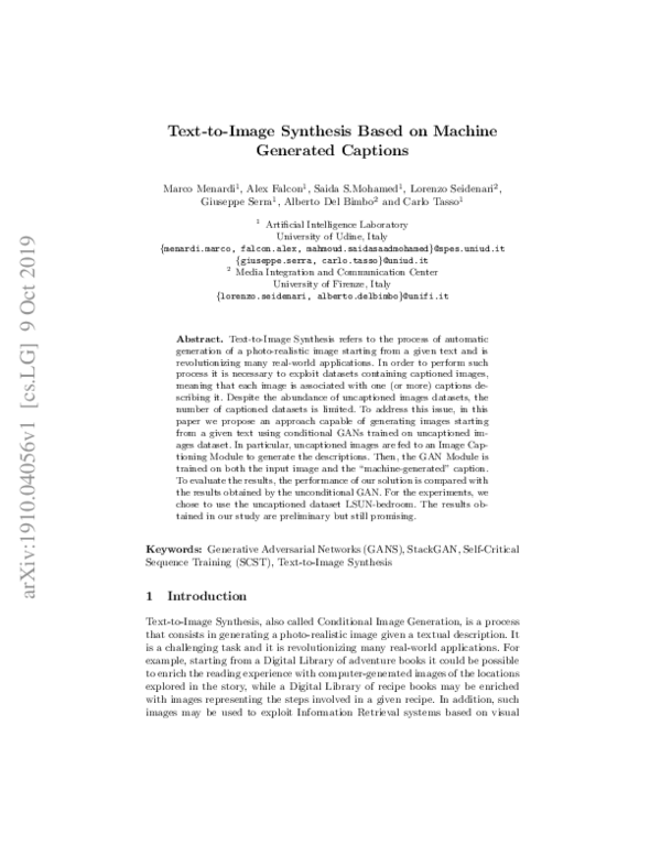(PDF) Text-to-Image Synthesis Based on Machine Generated Captions