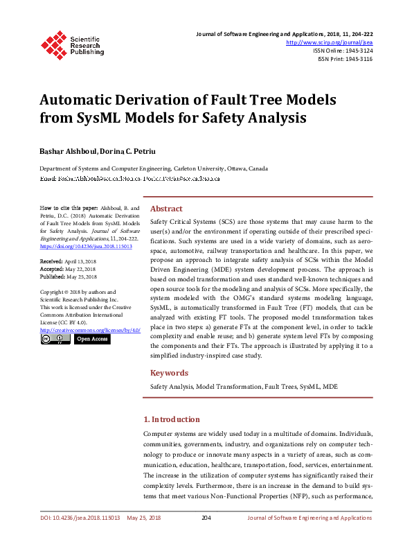 Pdf Automatic Derivation Of Fault Tree Models From Sysml Models For