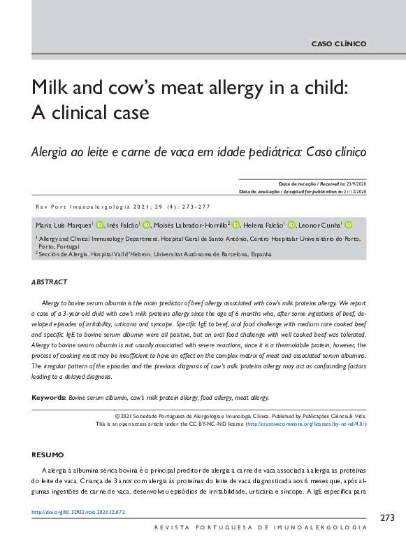 (PDF) Milk and cow’s meat allergy in a child: A clinical case
