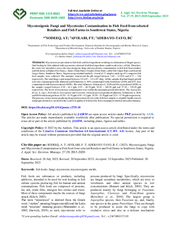 (PDF) Mycotoxigenic Fungi and Mycotoxins Contamination in Fish Feed ...