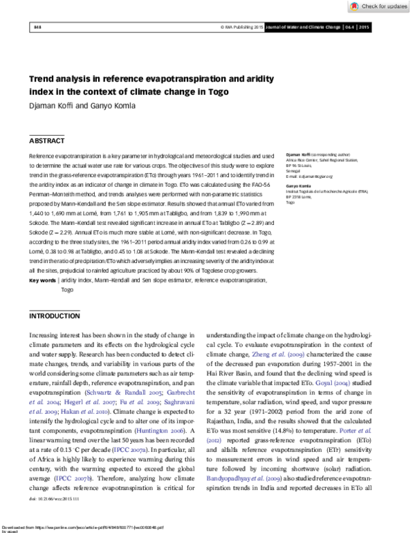 (PDF) Trend analysis in reference evapotranspiration and aridity index in the context of climate ...