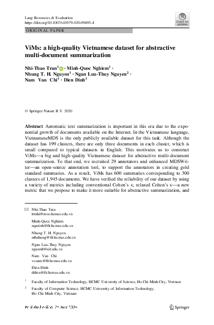 (PDF) ViMs: a high-quality Vietnamese dataset for abstractive multi-document summarization