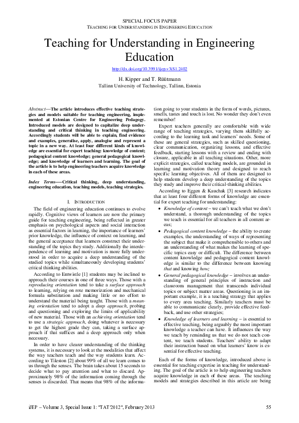 (PDF) Teaching for Understanding in Engineering Education